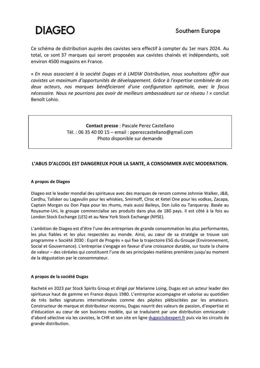 DIAGEO crée sa filiale en France et confie la distribution de ses ...